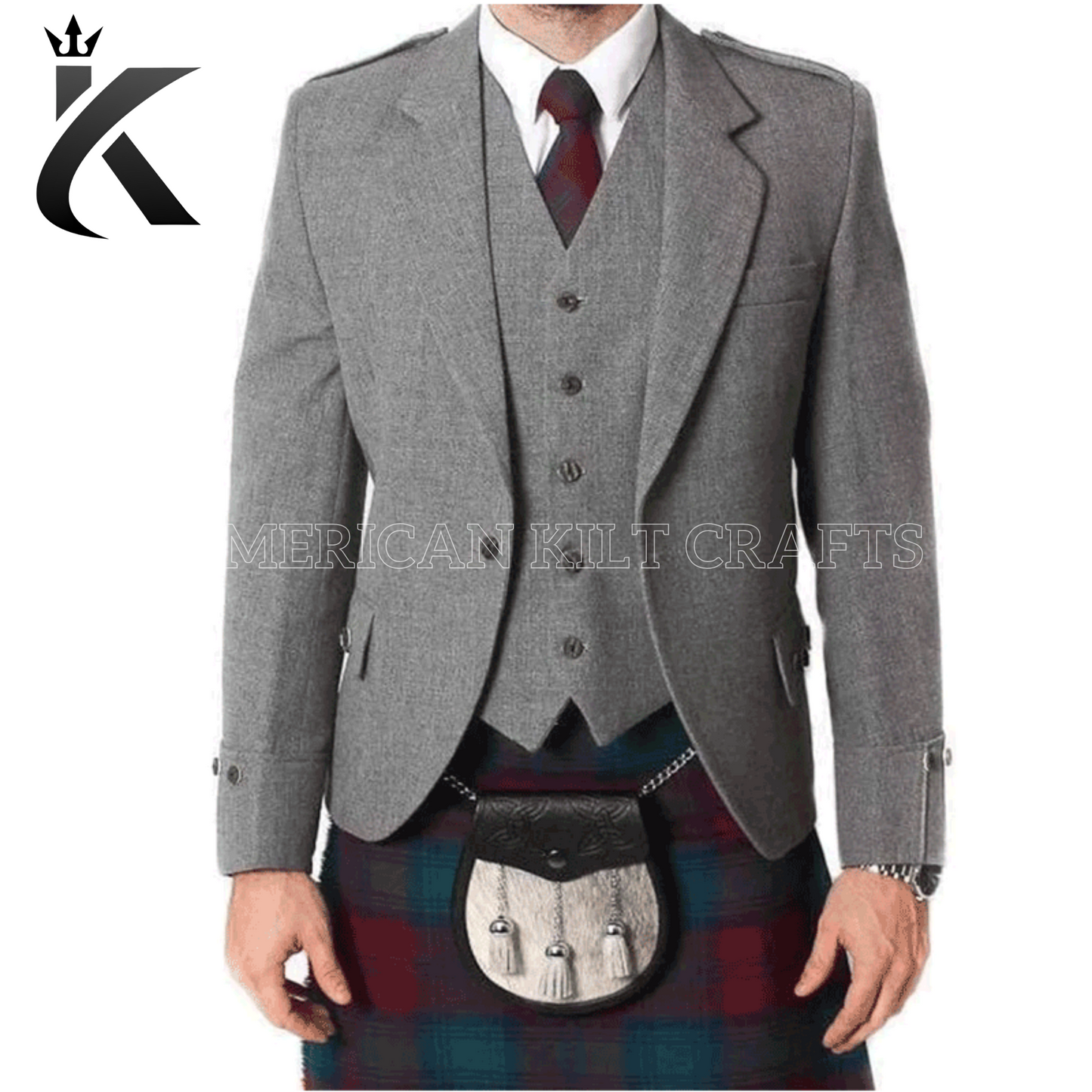 Grey Wool Argyle Kilt Jacket With Waistcoat - Unisex Traditional Craft ...